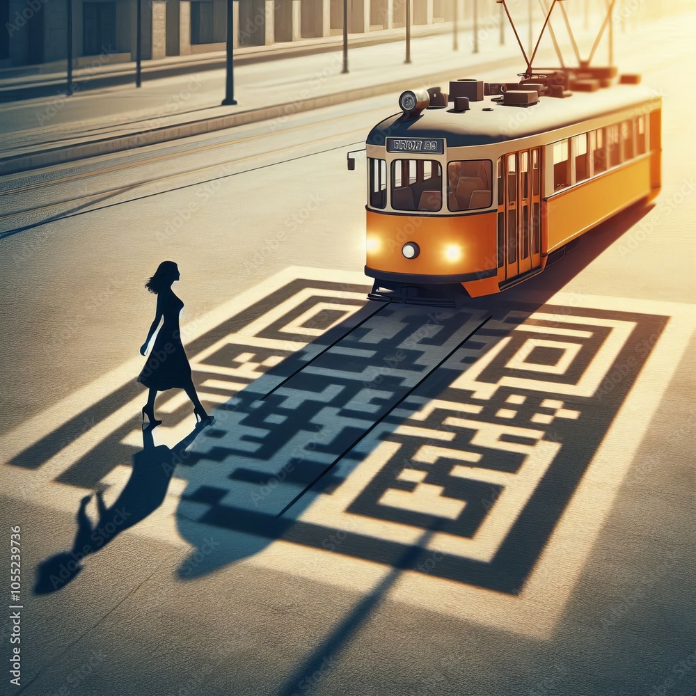 Woman's shadow forming QR code tram passing through it Izobraje Stock ...