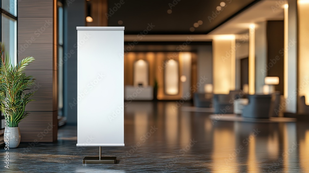 A clean, retractable banner mockup stands in an upscale hotel lobby ...