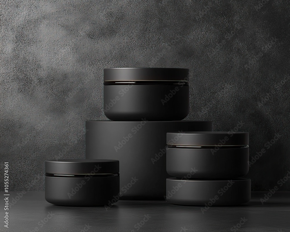 Sleek, black cosmetic containers stacked on a textured surface, exuding ...