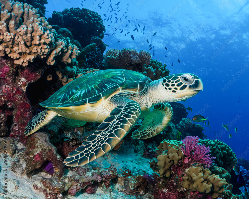 A green sea turtle glides gracefully through the vibrant coral reefs of ...