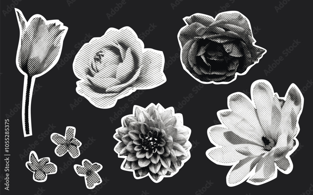 Collage flowers halftone effect, photocopy grunge texture magazine cut ...