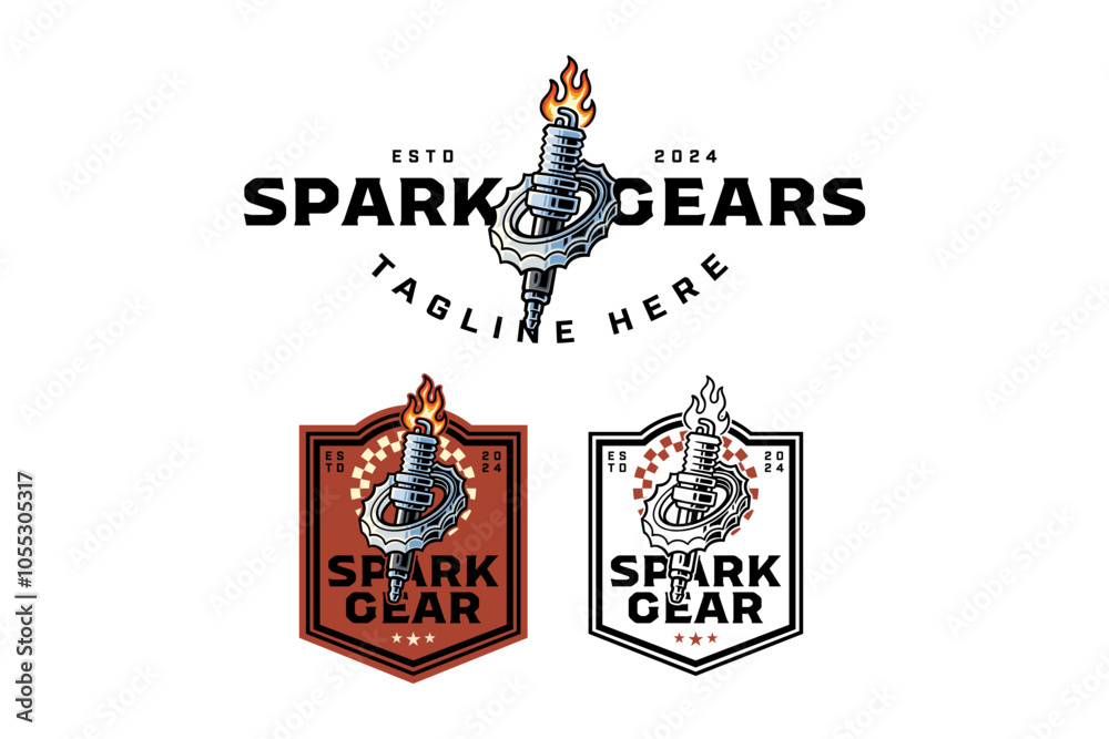spark plug with fire and gear colorful and outline logo design set for ...