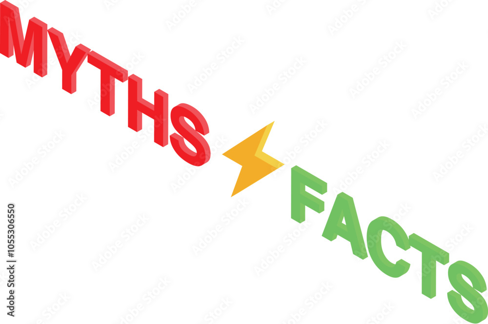 Isometric view of lightning transforming myths written in red into ...