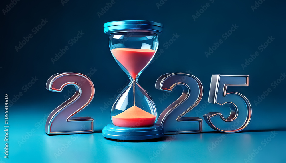 A modern hourglass with orange sand sits between the numbers 2025 and ...