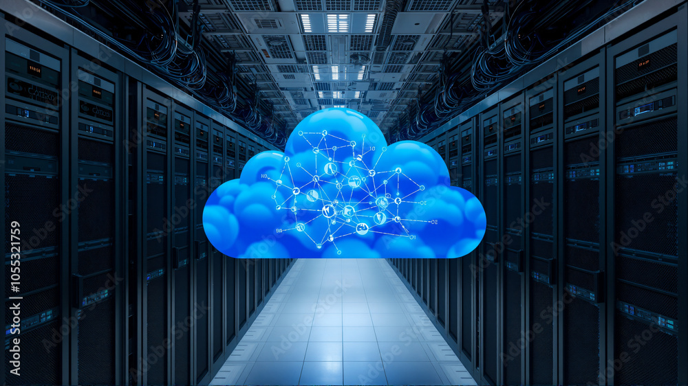 A blue digital cloud network visualization amidst rows of server racks ...
