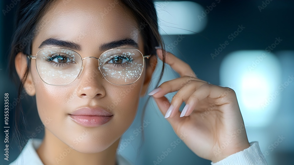 Portrait of a beauty influencer interacting with holographic skincare ...