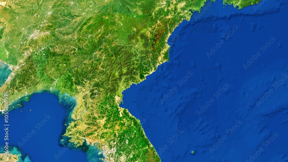 8K North Korea Map, High Resolution Satellite View With No Border, Widescreen 4K Resolution ...