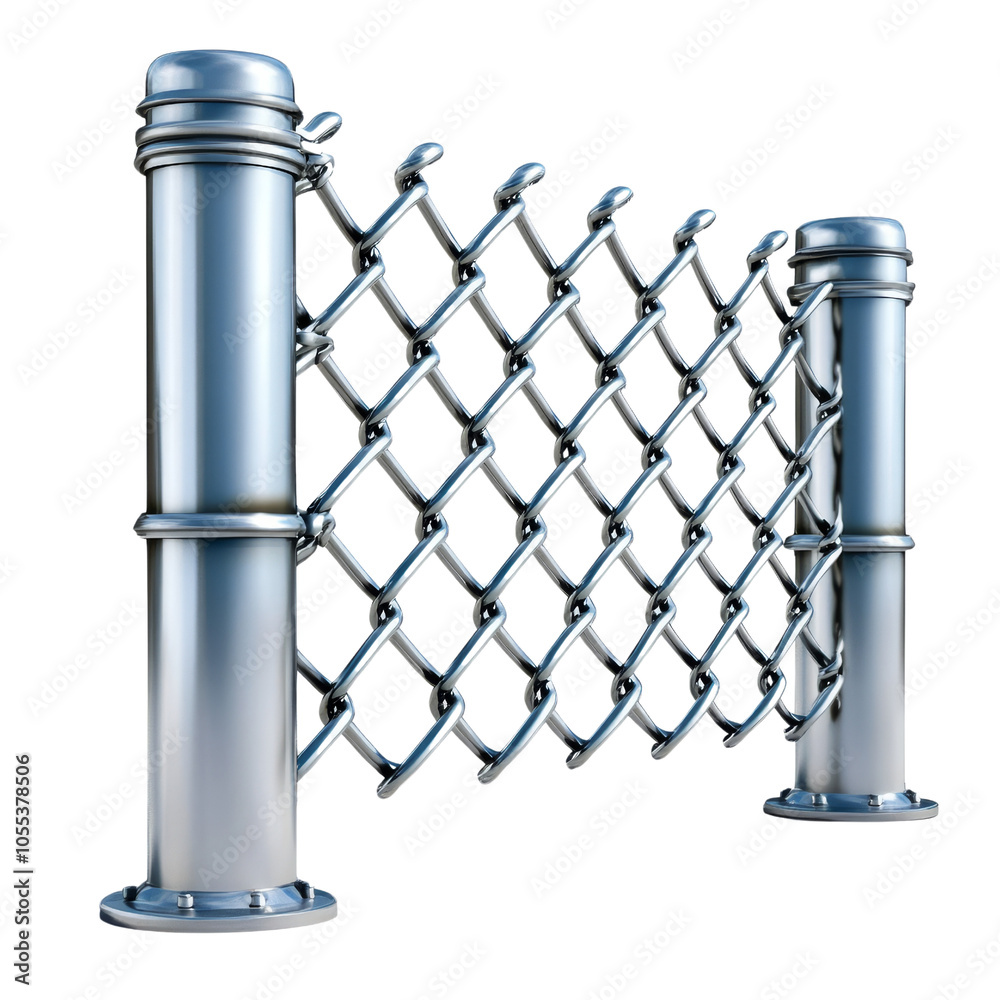 Metal chain link fence with steel posts on transparent background ...