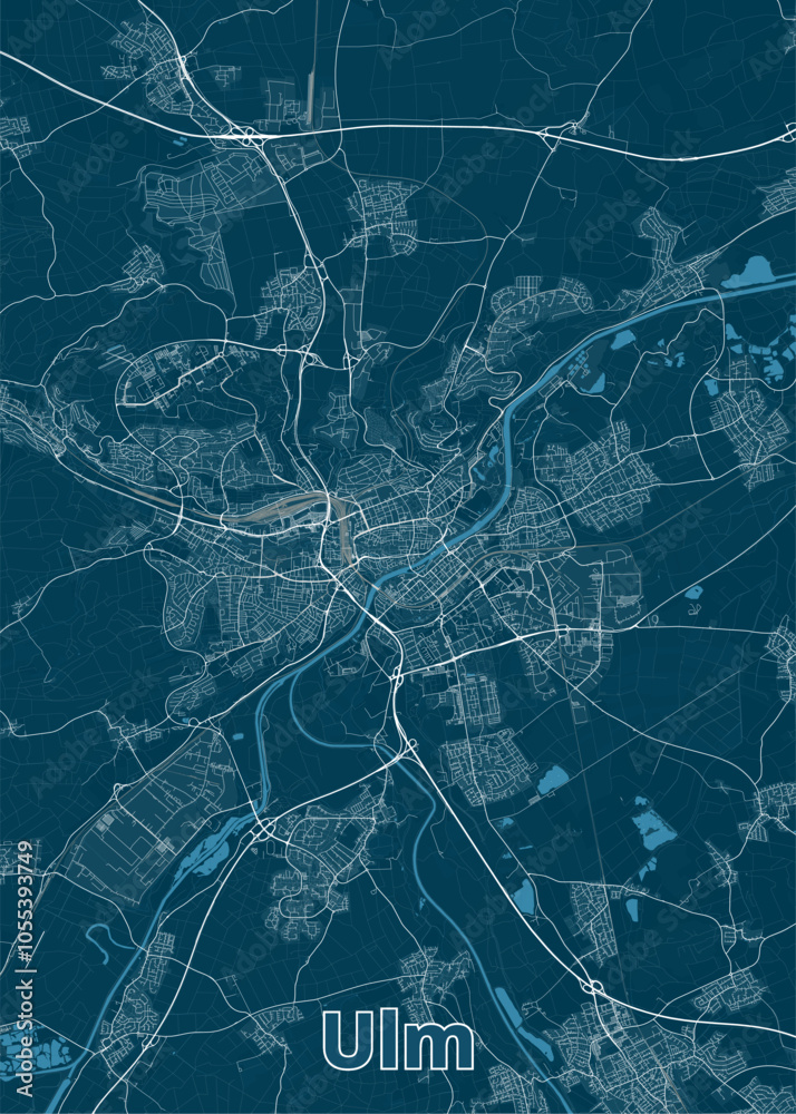 Map of Ulm, Germany, rendered in a minimalist style. The map features a ...