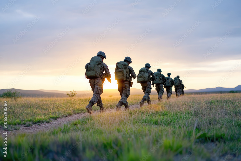 Armed soldiers march in single file across a grassy field at sunrise ...