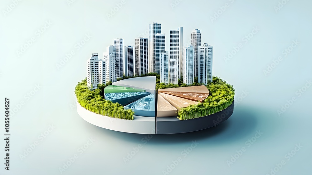 A modern 3D floating pie chart with 7 pieces divided into 65%,13%,7%,5% ...