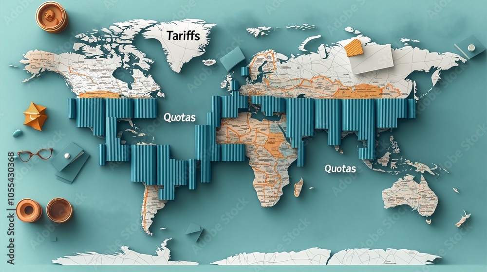 3D world map with raised columns representing trade tariffs and quotas ...