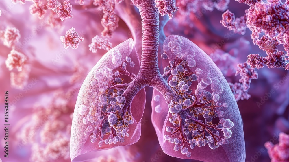 Create a detailed medical illustration of pneumonia, showcasing a cross ...