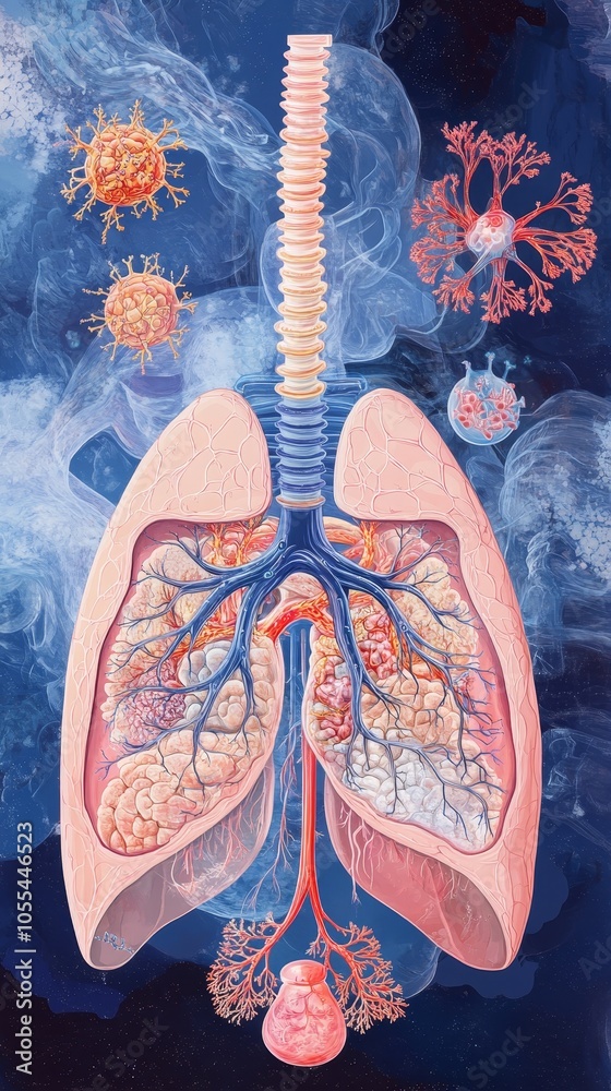 Create an informative illustration about pneumonia, featuring a ...