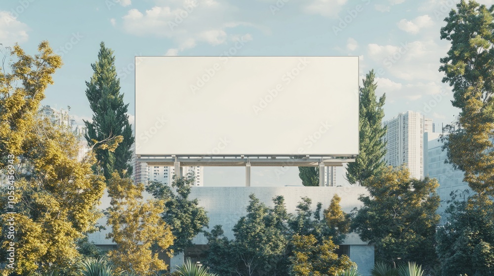 Clean white billboard mockup atop a modern mall roof, framed by leafy ...