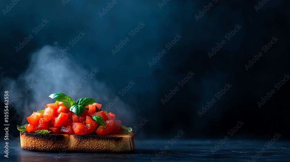 Toasted sourdough with tomato and basil topping, minimalistic plating ...