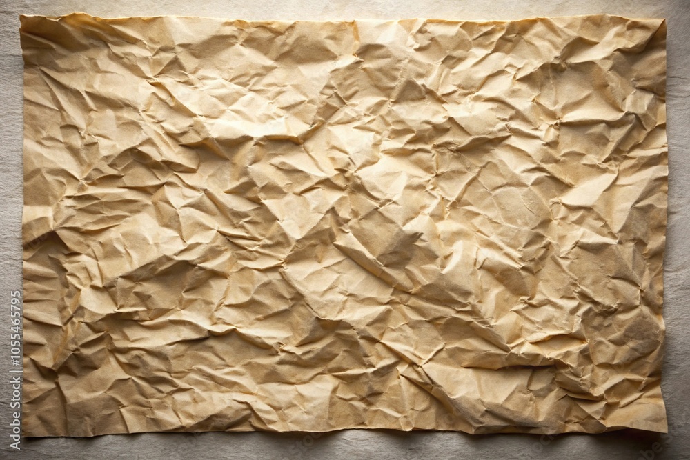 Large sheet of crumpled paper with uneven folds and irregular creases ...