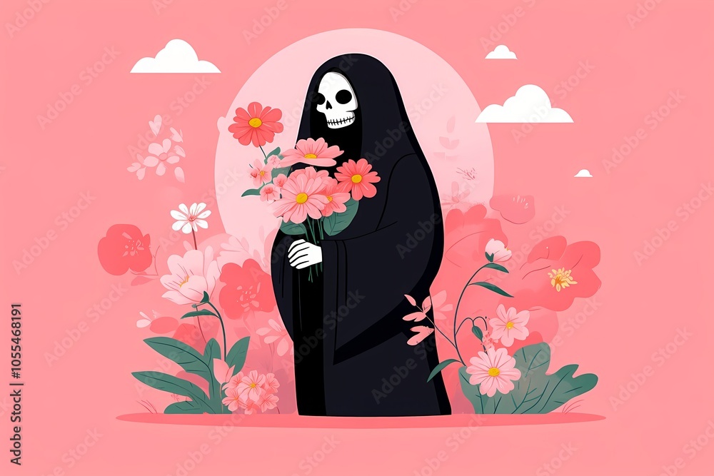 Cute skeleton in black robe holding bouquet of flowers on pink ...