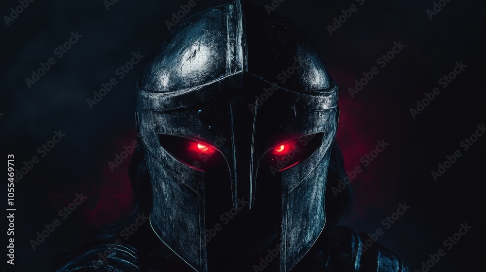ancient spartan helmet with red glowing furutistic cyber eyes in the ...