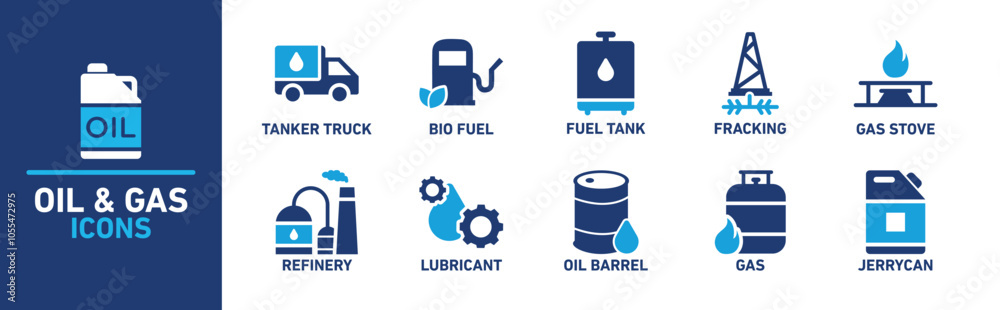 Oil and Gas Icon Set Featuring Tanker Truck, Fuel Tank, and Refinery ...