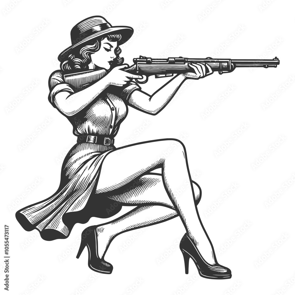 pin-up girl kneeling with a rifle, classic pin-up style with a hunting theme sketch engraving ...