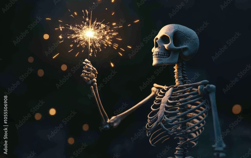 Fireworks Skeleton: A skeleton holding a single sparkler, standing ...
