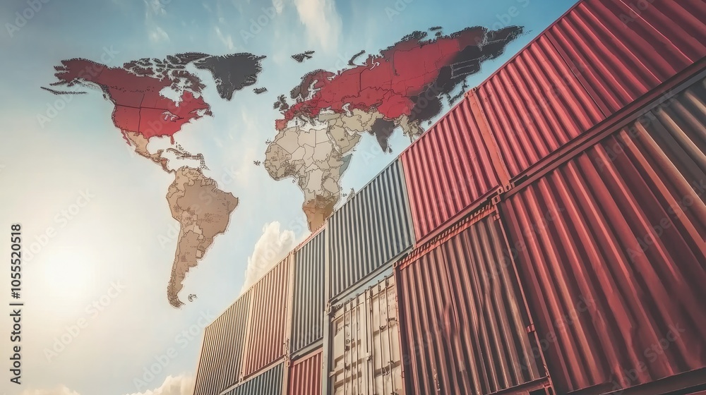 Digital world map with logistics routes and cargo containers ...