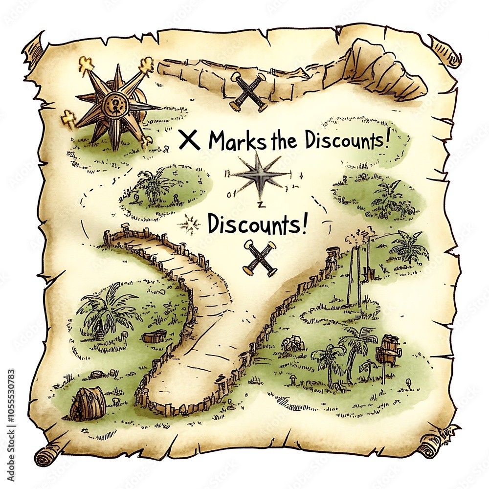 Cartoon treasure map with X marks the spot on a white background. Stock ...