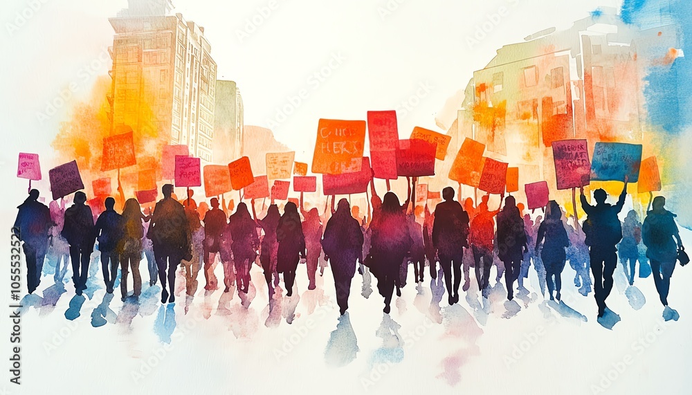 Colorful watercolor scene of a youthled protest march, filled with ...