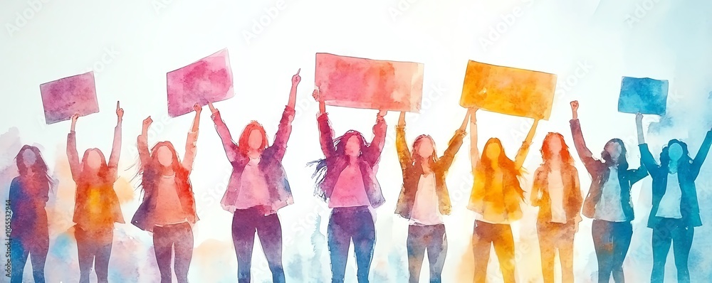 Dynamic watercolor artwork of young activists in a protest, holding ...