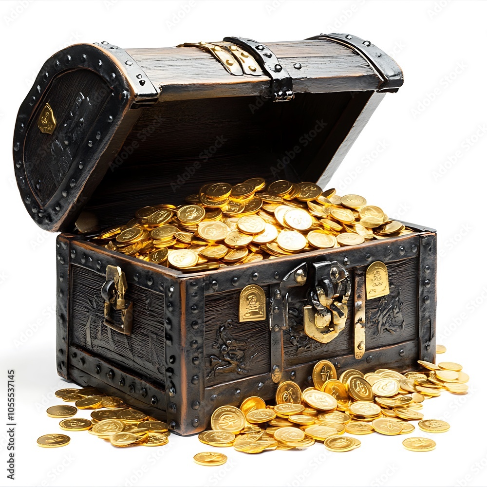 Cartoon treasure chest with gold coins spilling out on a white ...