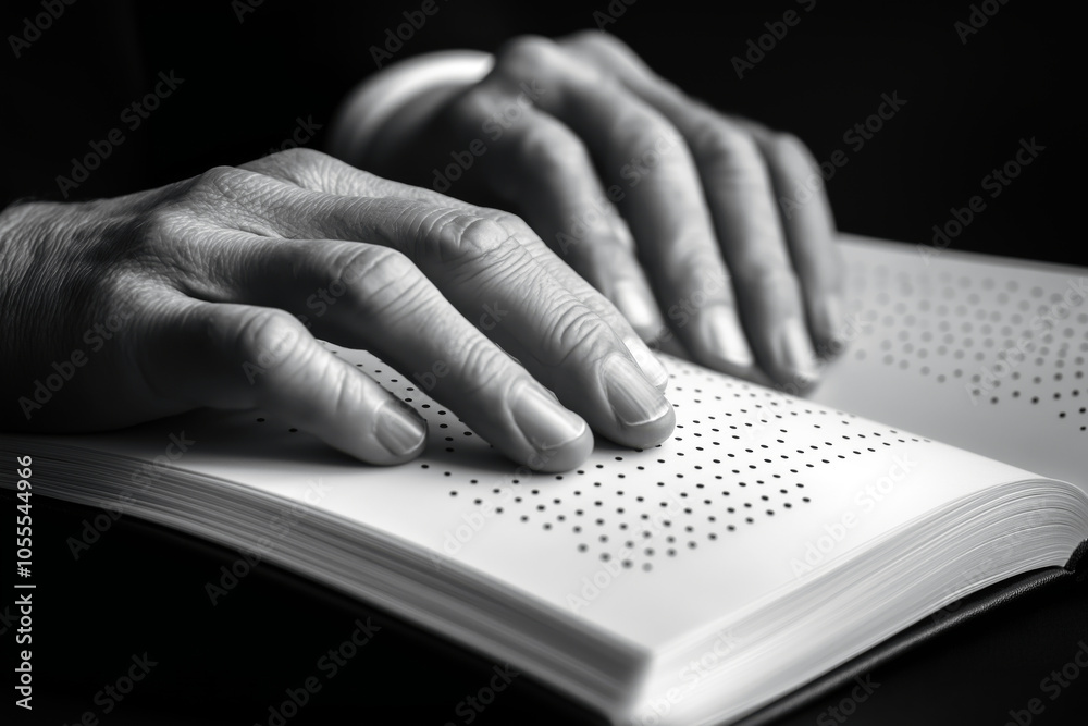 Hands of a visually impaired person reading a Braille book, with their ...