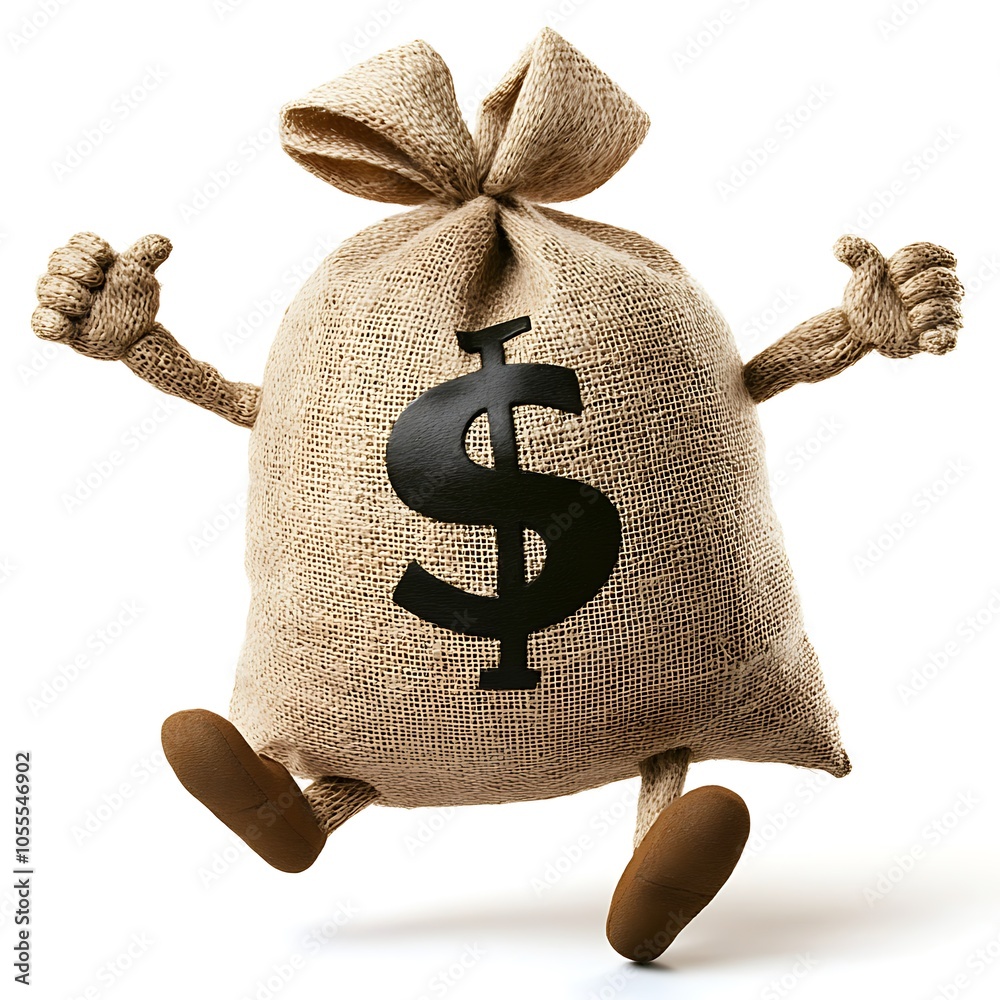 Cartoon money bag with arms and legs running excitedly on a white ...