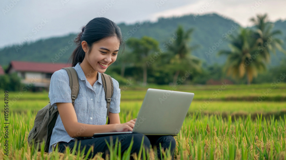 Zoomed-in photo of a Thai student sitting on a rice paddy field ...