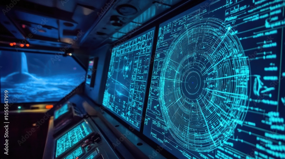 Sonar screen inside a submarine detecting the movements of sea ...