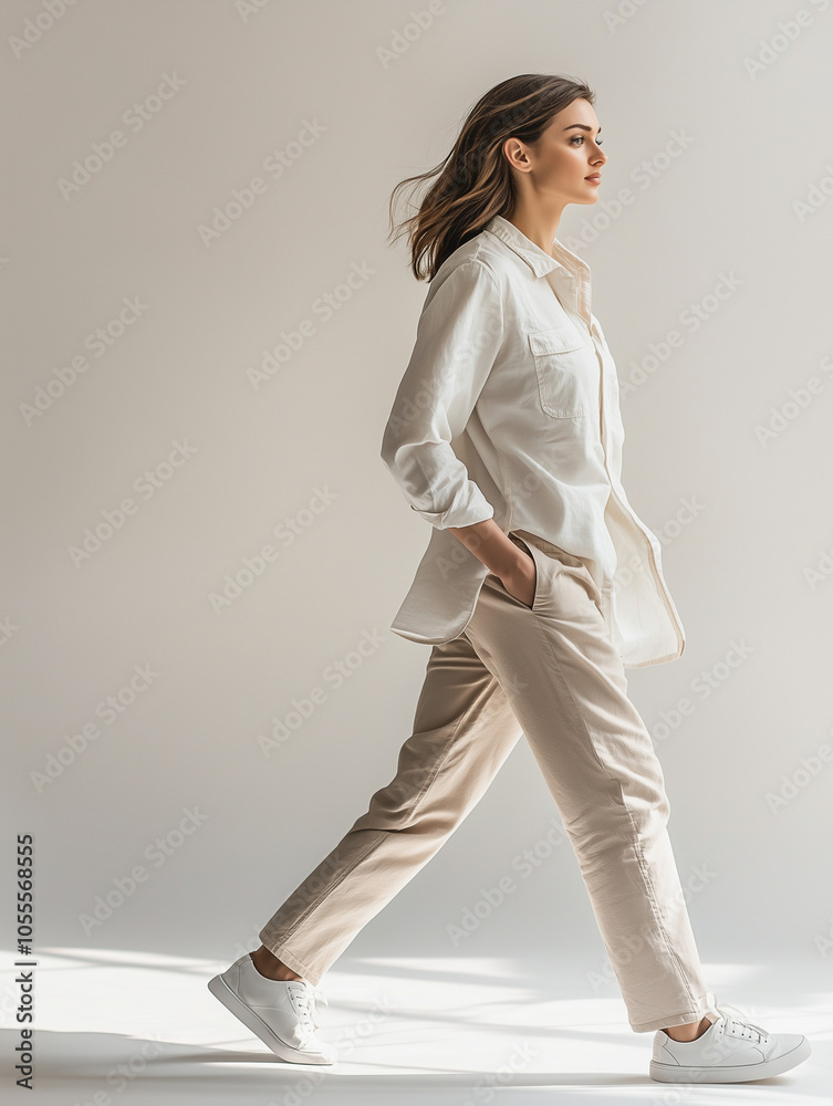 fashion, women, fullbody, walking, calm colors, beautiful, brand, gray ...