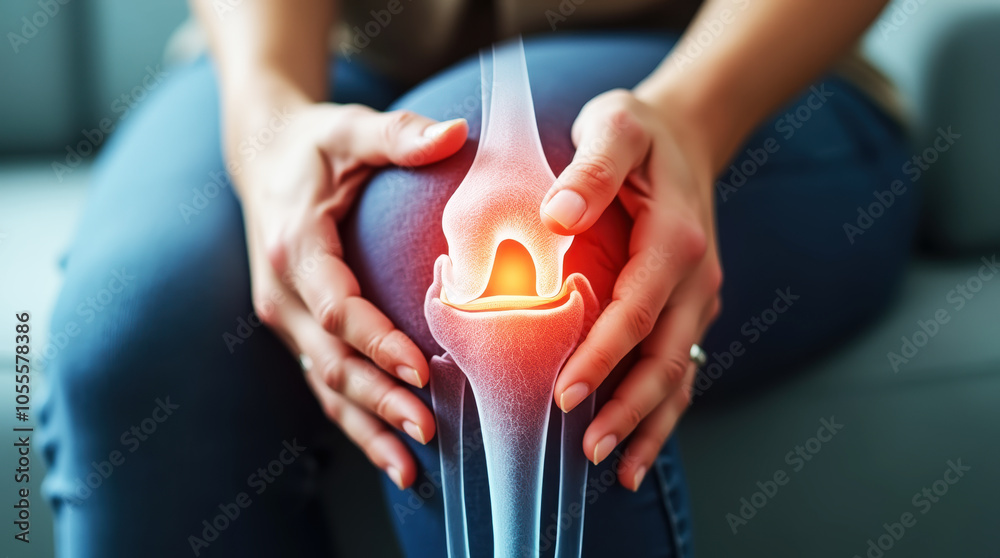 Medical educational image of knee pain: a hand resting on a knee with ...