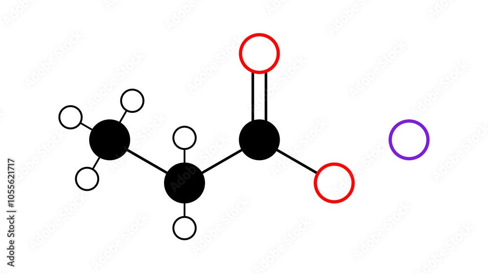 potassium propanoate molecule, structural chemical formula, ball-and ...