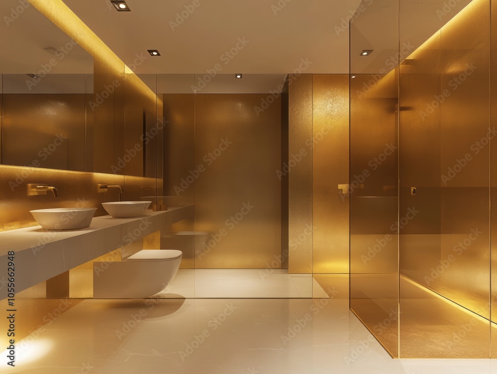 Sleek golden walls in a modern bathroom with frameless mirror and a ...