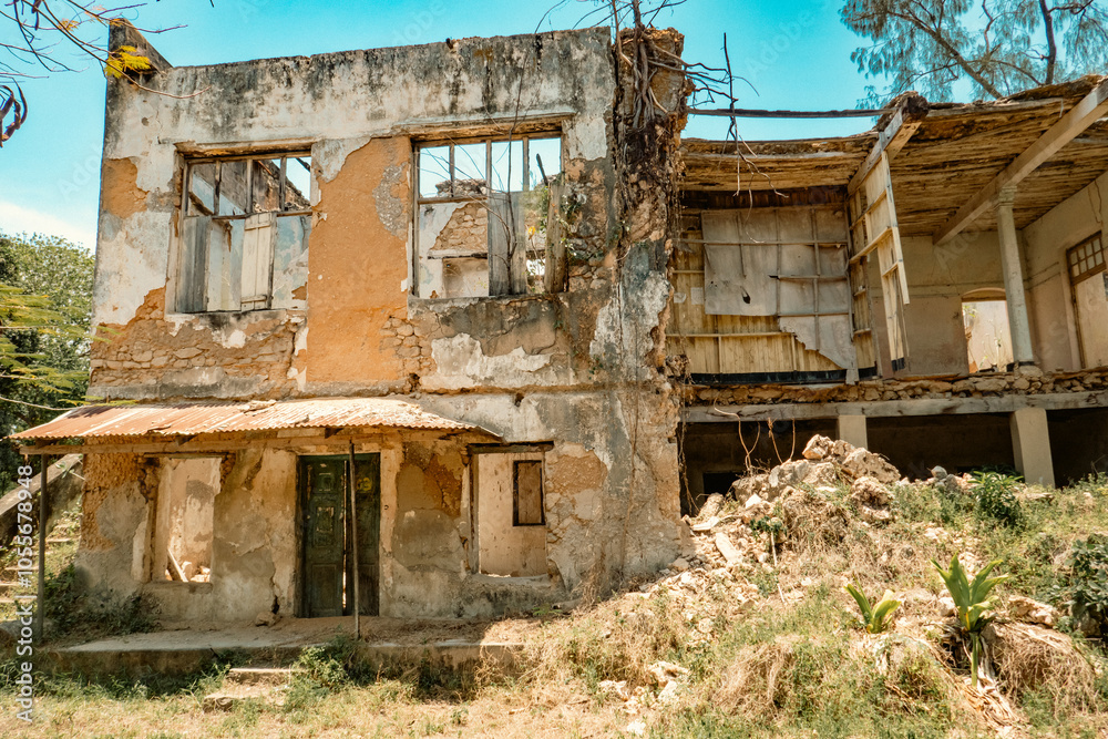 View of the architecture on the ruins of abandoned historical building ...