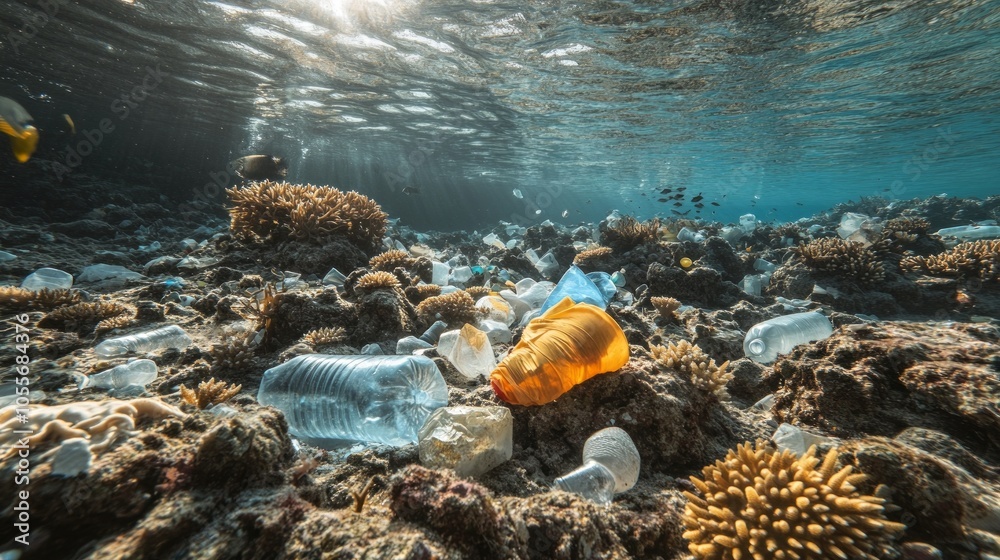 Plastic waste is scattered across a coral reef, impacting marine life ...