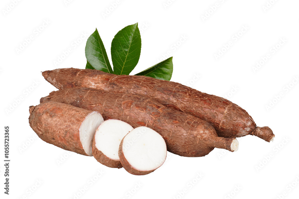 Cuts of cassava tubers and their leaves isolated transparent Stock ...