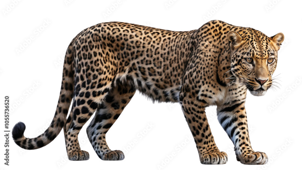 leopard in front of white background, Portrait of leopard standing a ...