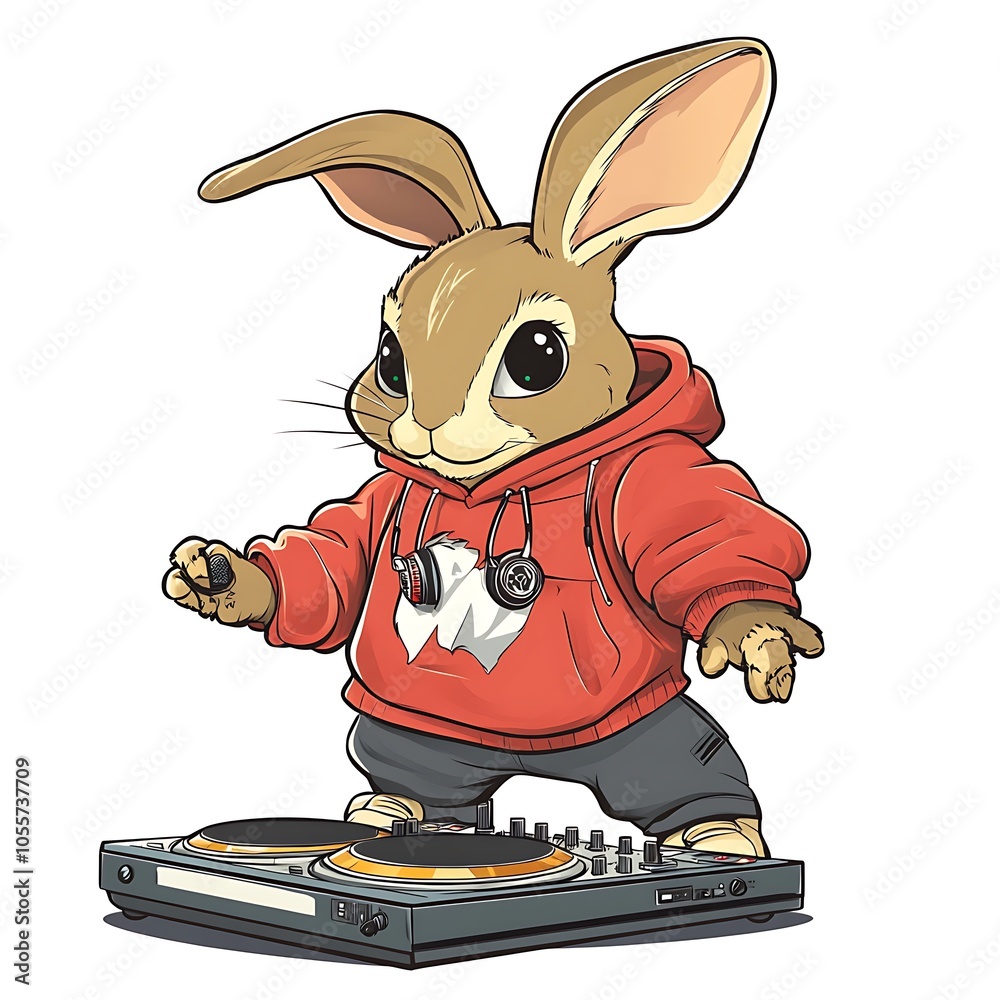 Cartoon rabbit in hip-hop attire, holding a DJ turntable on a white ...