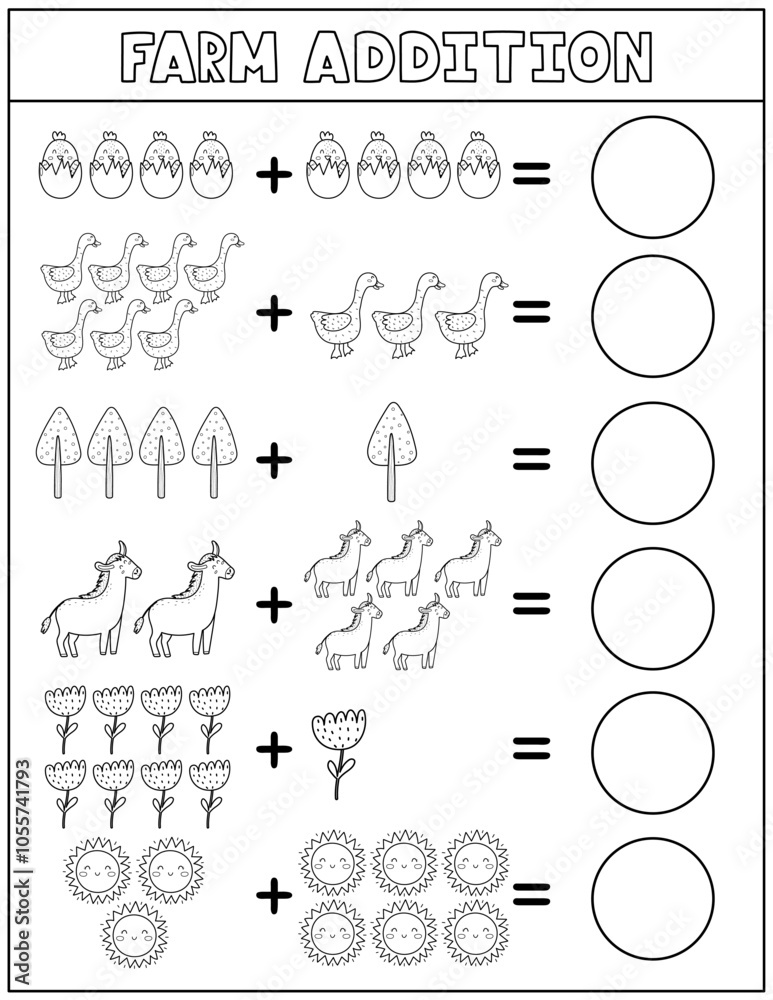 Farm addition black and white worksheet for kids. Math activity page in ...