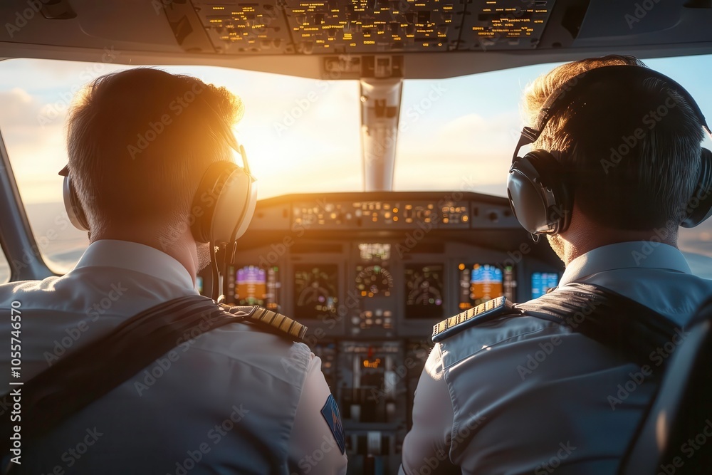 Pilots in cockpit during flight, focused on controls and navigating ...