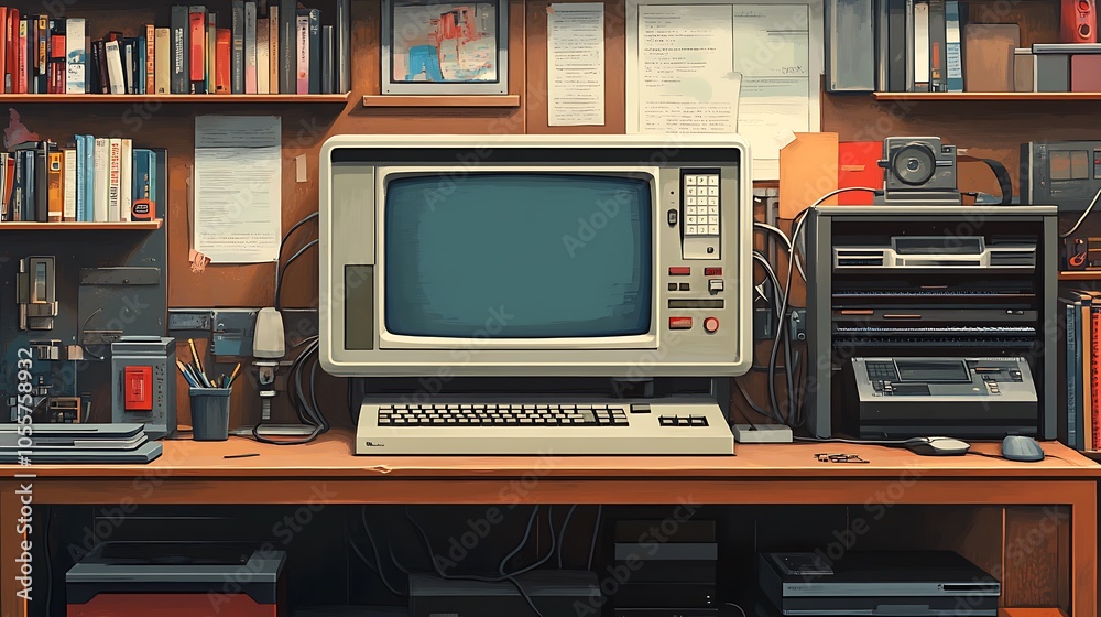 Vintage computer setup with thick borders and visible screen details ...