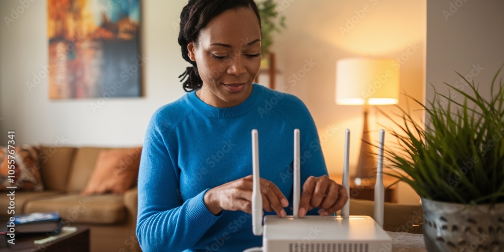 Mother Checking Home Internet and Router Settings. An African American ...