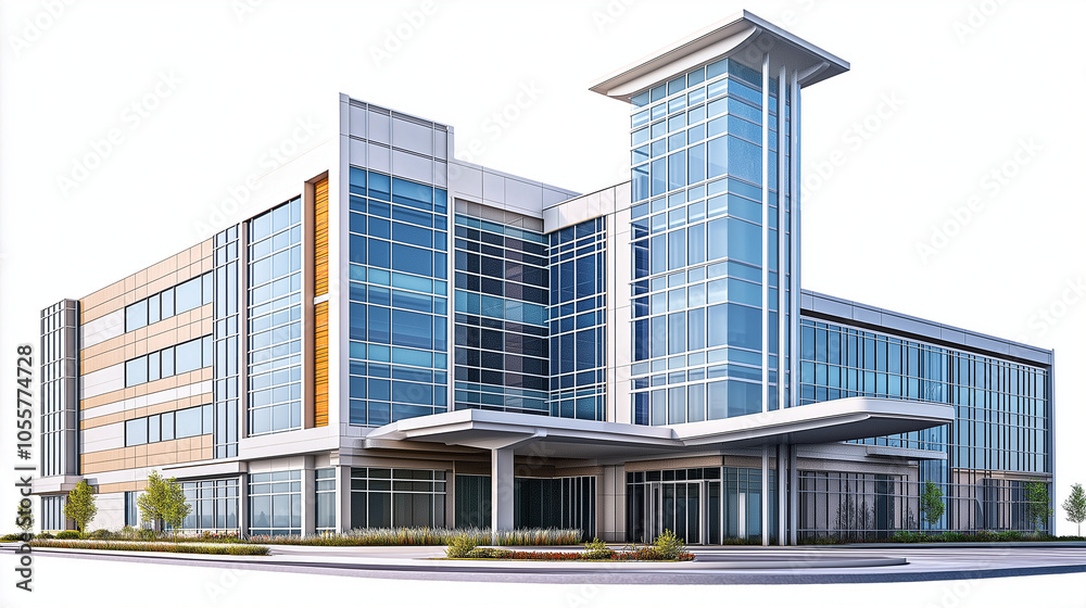 Modern Multi-Story Hospital Complex with Glass and Brick Elements ...