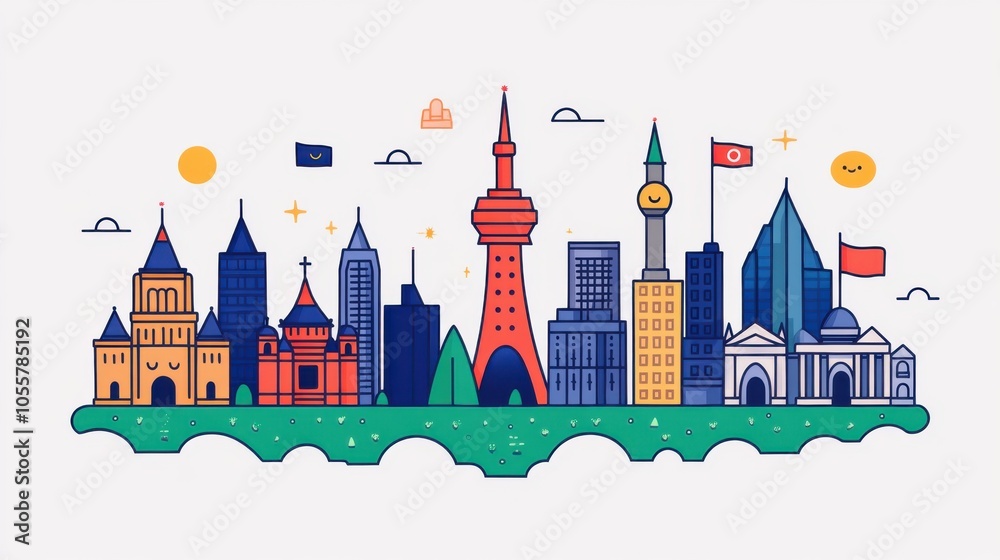 Iconic Landmarks Cartoon Map Illustration Stock Illustration | Adobe Stock